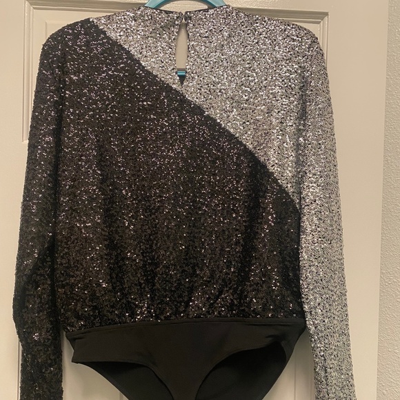Express | Tops | New Express Silver And Black Sequin Body Suit | Poshmark